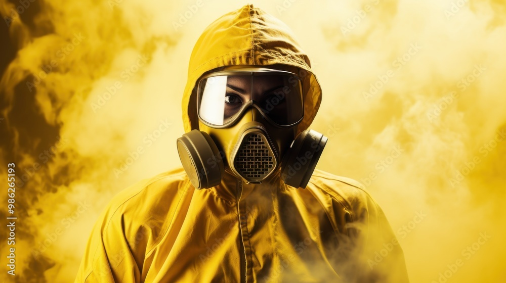Person in a bright yellow hazmat suit and mask stands amidst thick ...