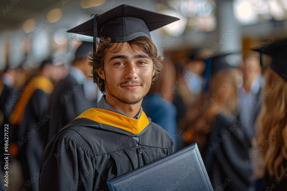 Male graduate beams with pride, holding his diploma tightly while ...