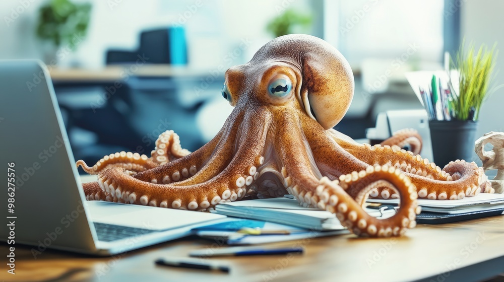 Octopus multitasking at an office desk, symbolizing efficient work ...