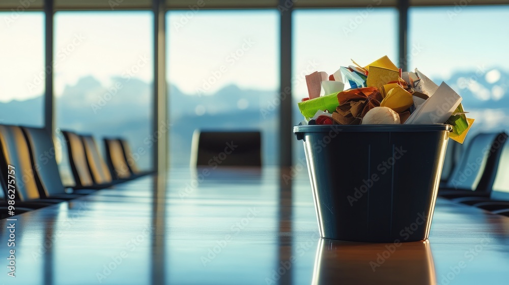 Overflowing bin in an empty conference room, symbolizing business ...