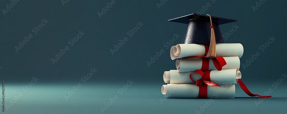 Stack of graduation diplomas tied with red ribbons, topped with a black ...