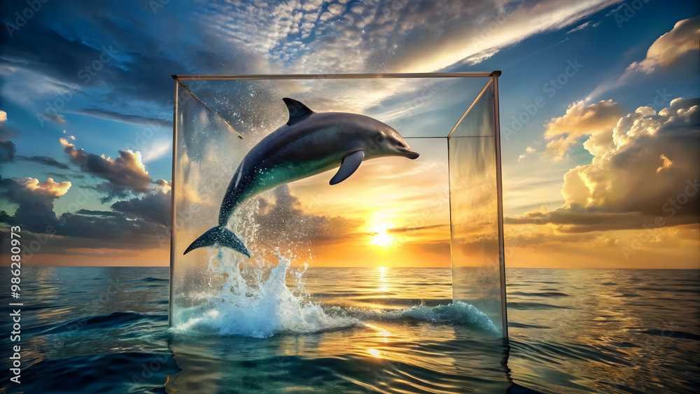 A dolphin jumps through a clear glass pane seamlessly placed in the ...