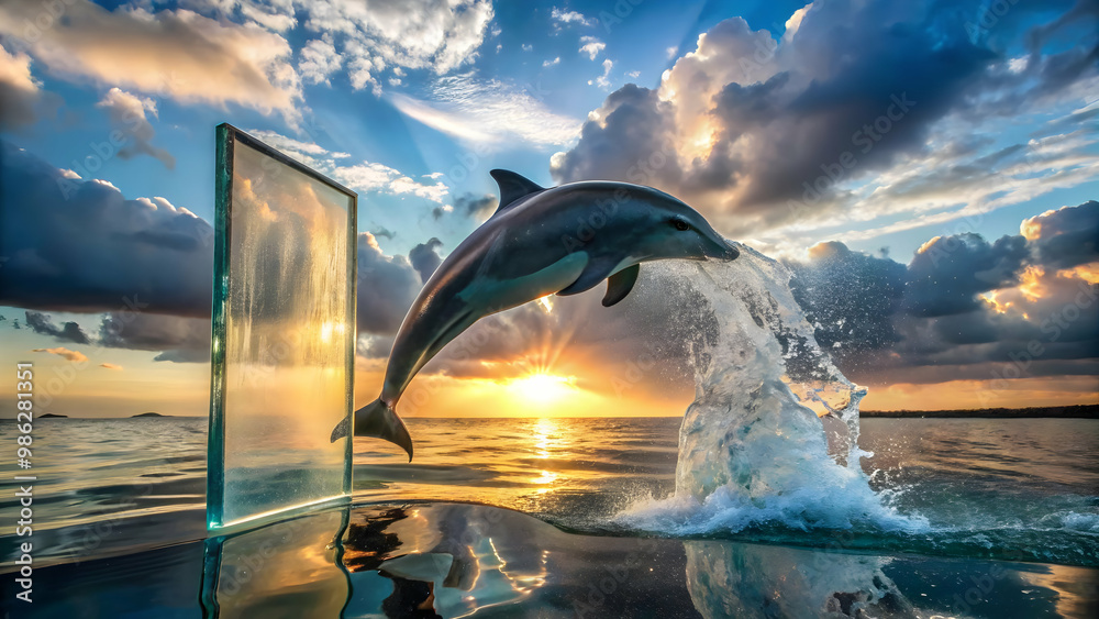 dolphin jumps through a clear glass pane seamlessly placed in the ...