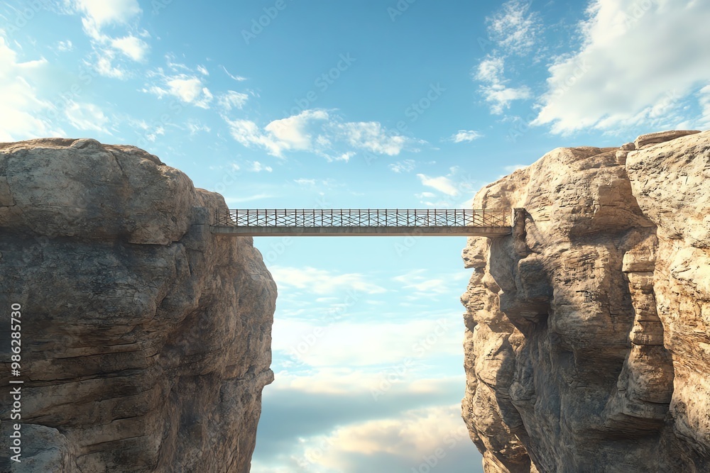 Stunning view of a narrow bridge connecting two towering cliffs under a ...