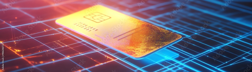 Gold chip card illuminating on a digital circuit background ...