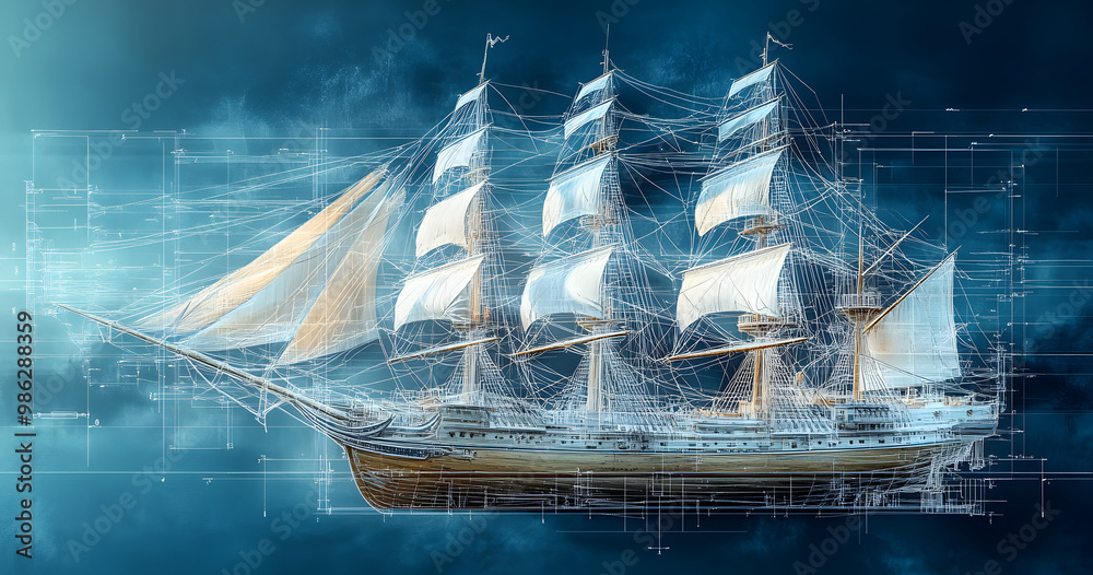 A Detailed Blueprint of an Ancient Sailing Ship Showcasing Its ...