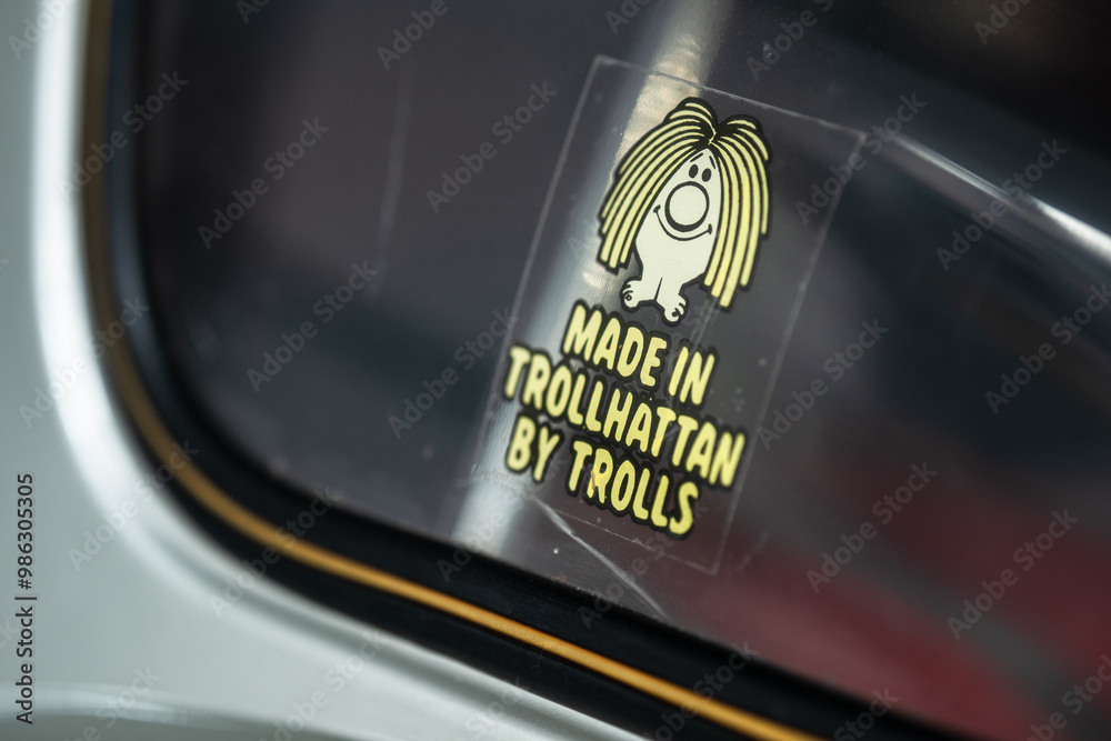 Trollh?ttan, Sweden - June 28 2024: Saab sticker stating Made in Trollh?ttan by trolls. Stock ...
