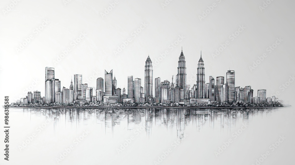 Kuantan, Malaysia, black and white pen pencil hand-drawn effect drawing ...
