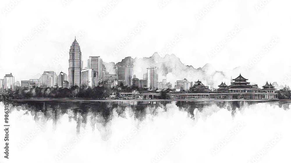 Kuching, Malaysia, black and white pen pencil hand-drawn effect drawing ...