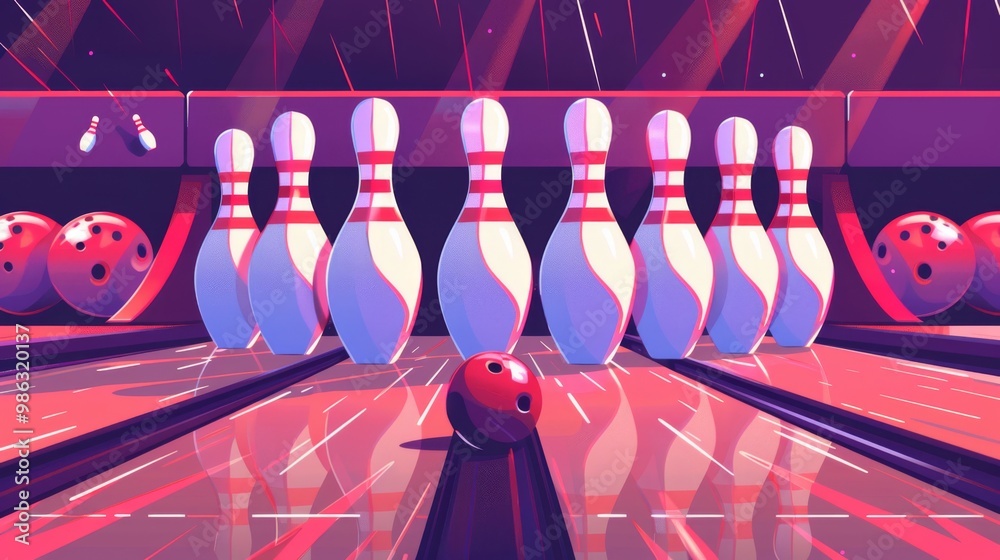 Bright cartoon of a bowling ball in a bowling alley smashing pins Stock ...