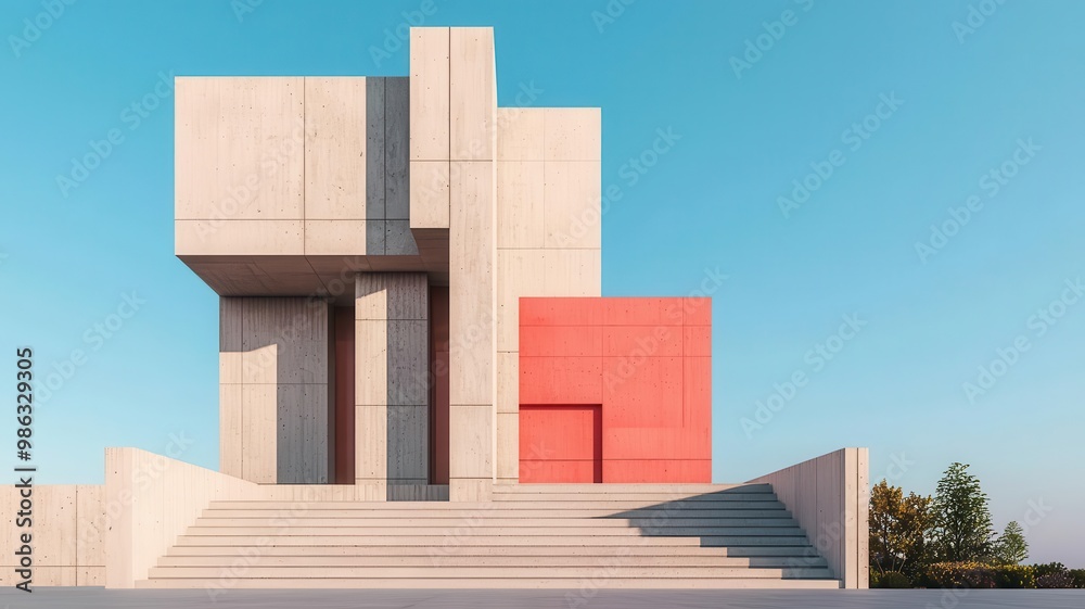 An architectural visualization of a Neo Brutalist structure with bold ...