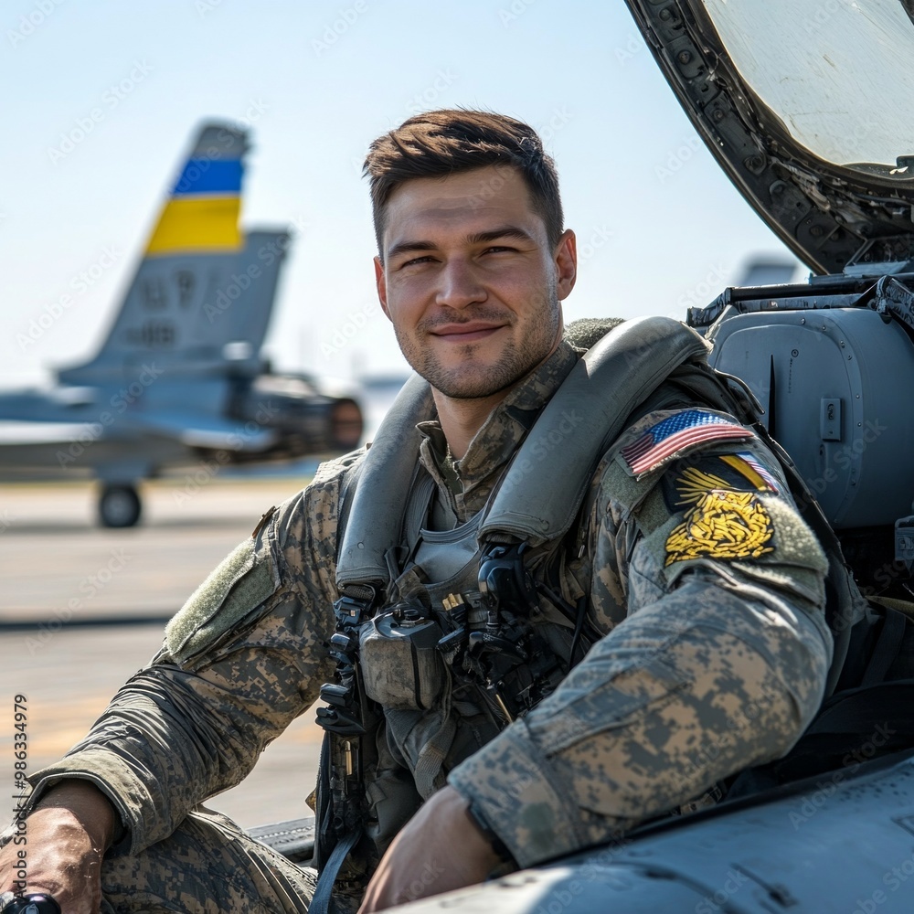 A confident soldier poses proudly next to a jet. The image captures the ...