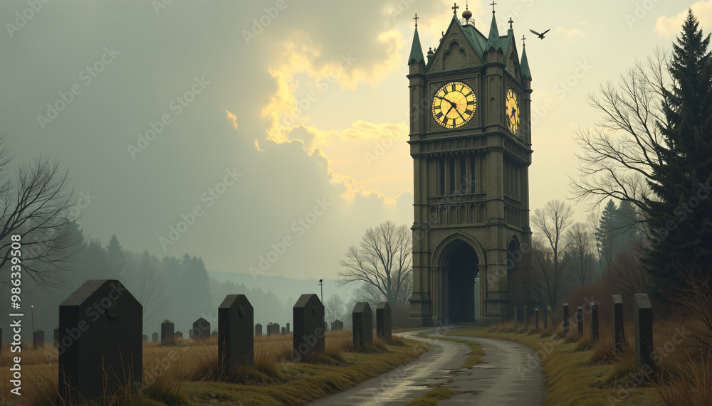 Broken clock tower overlooking a cemetery, the hands frozen in time ...