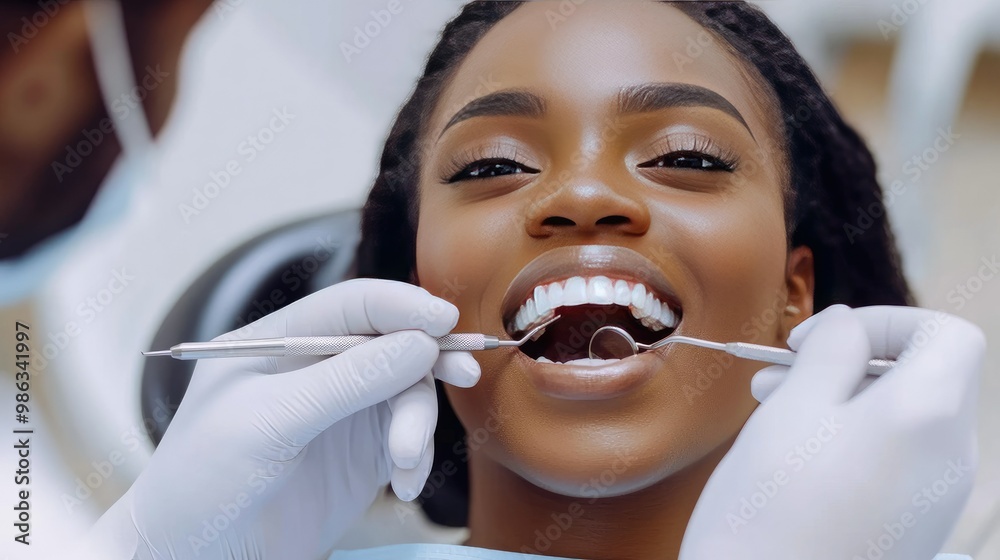 Professional African American dentist checking the teeth of a female ...