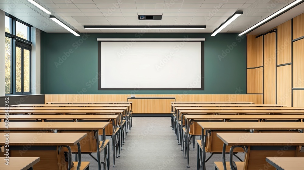 Foto de A modern classroom interior featuring a large whiteboard and a ...