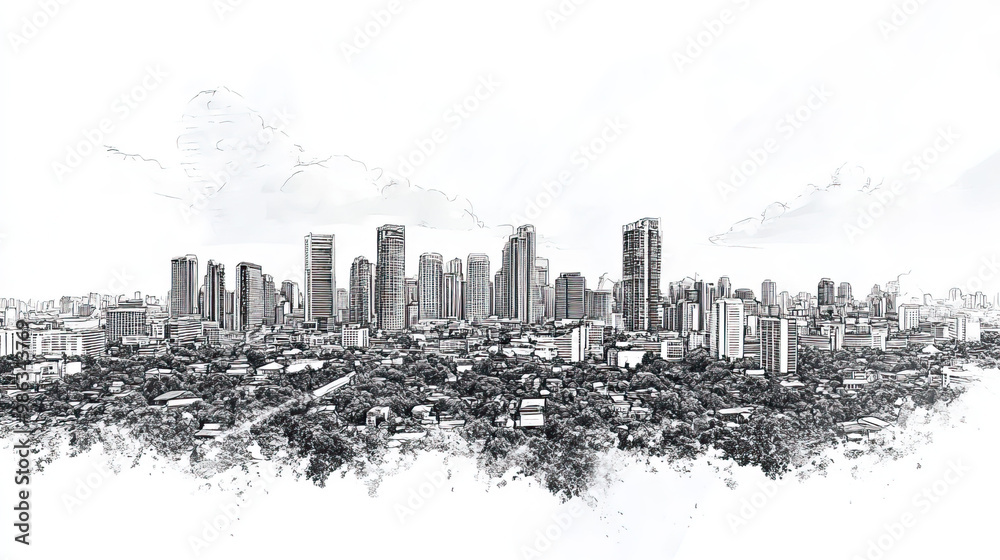 Manila, Philippines, black and white pen pencil hand-drawn effect ...