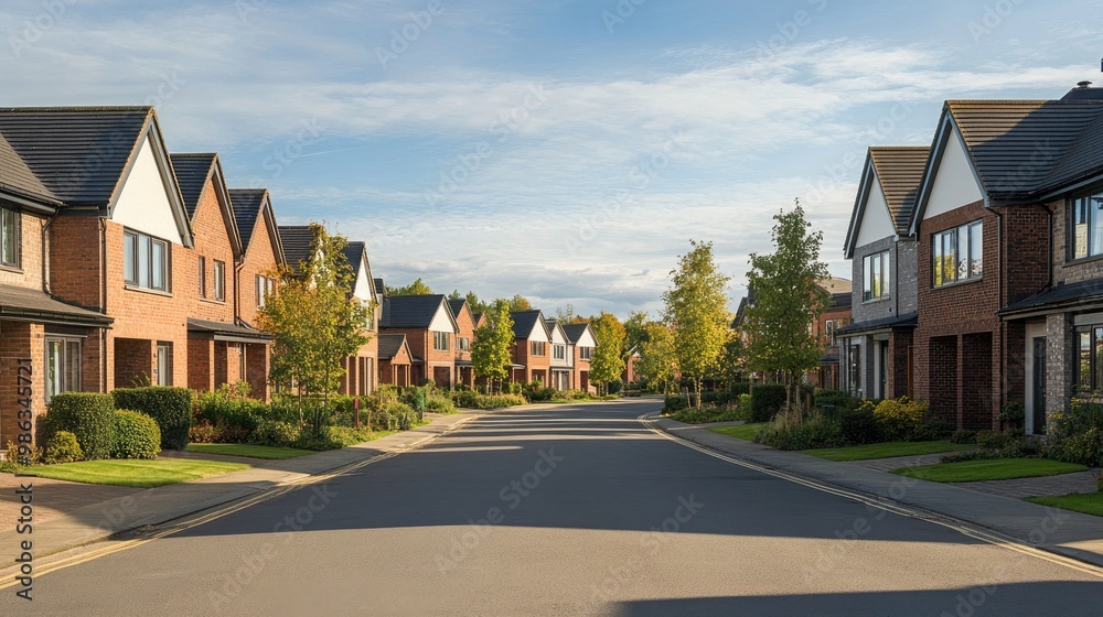 A modern housing estate in the UK, featuring new build homes with ...