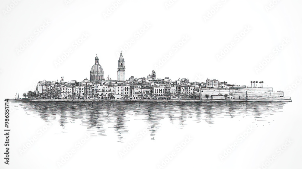 Messina, Italy, black and white pen pencil hand-drawn effect drawing ...