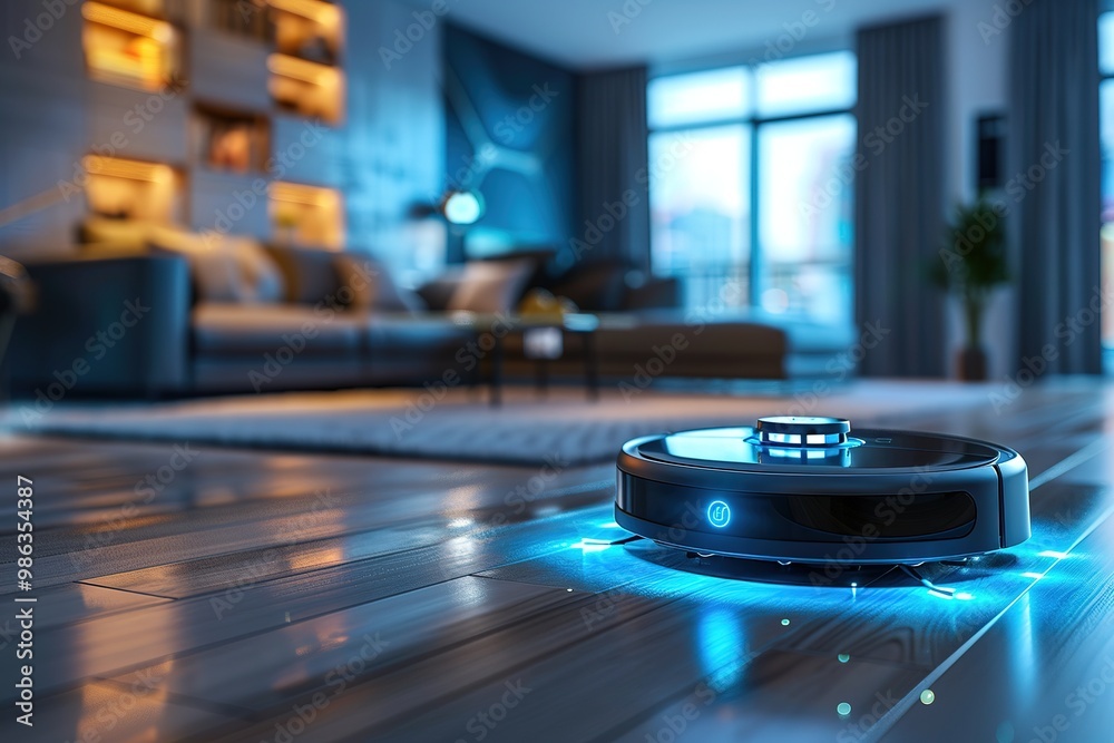Futuristic vacuum hoover cleaning machine robot on schedule in a living ...