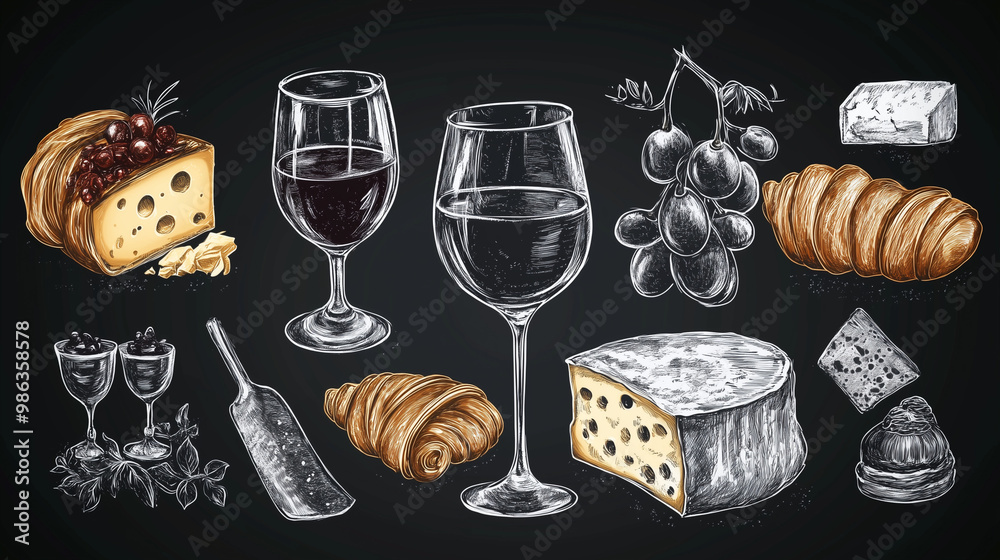 Hand drawn chalk food illustrations. Breakfast, lunch icons. Wine glass ...