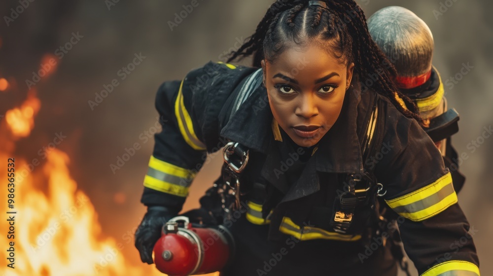 A Black female firefighter with braids, carrying a fire extinguisher ...