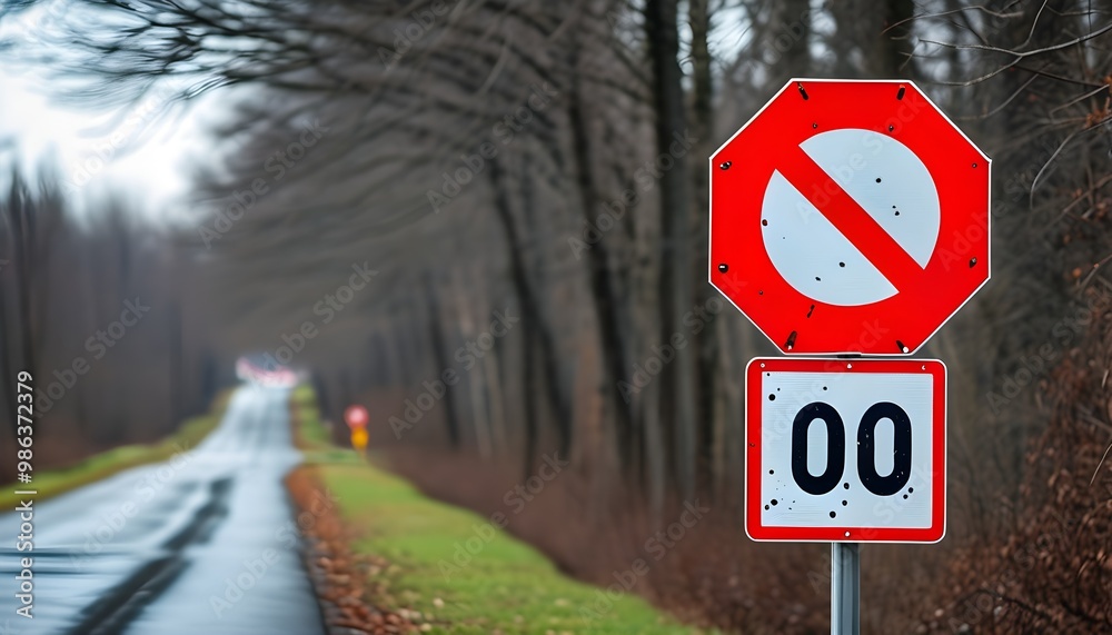 Vibrant red stop sign on closed road with caution warning sign ...