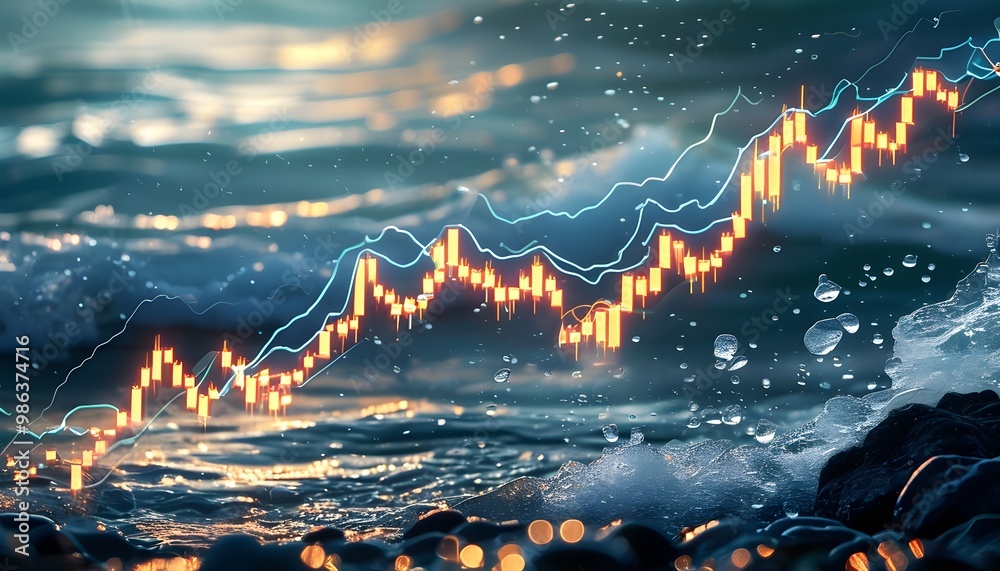Surging Stock Market Graph Merged with Ocean Water Droplets ...