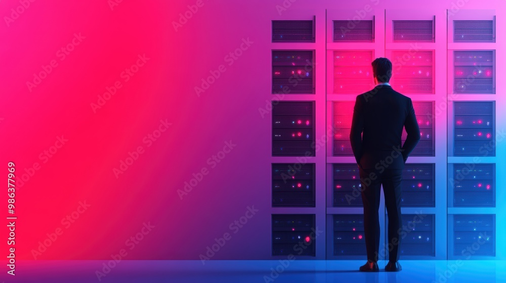 A security guard standing in front of a server room with multiple ...