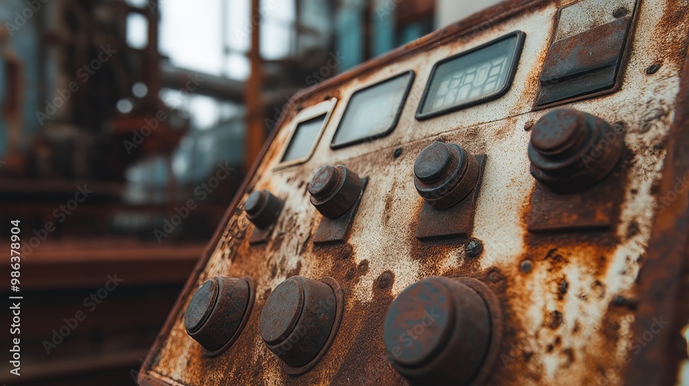 Rusty industrial control panel with large worn buttons and corrosion ...