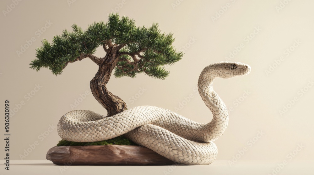 White snake is curled up beneath a miniature bonsai tree, conveying a ...