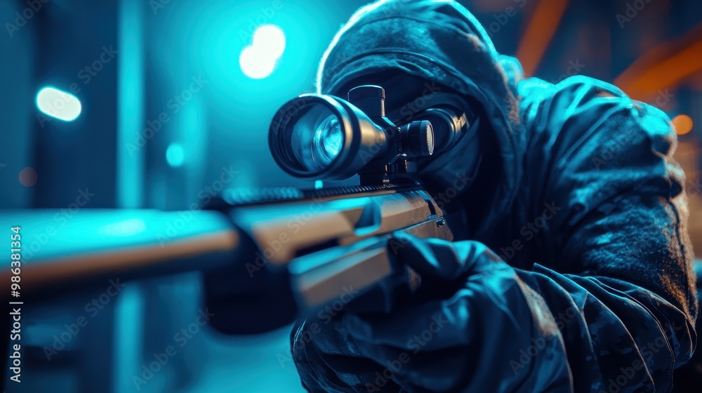 Person in tactical gear aiming a sniper rifle with a night vision scope ...
