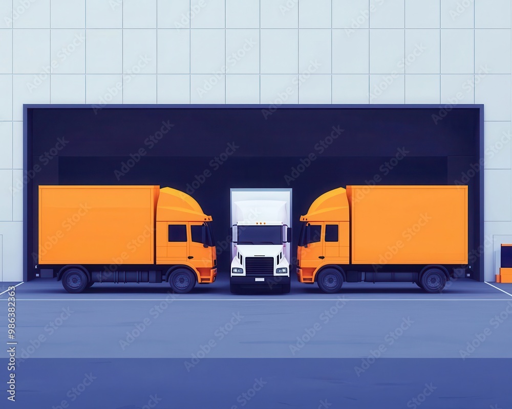 Food storage warehouse with refrigerated trucks loading frozen products ...
