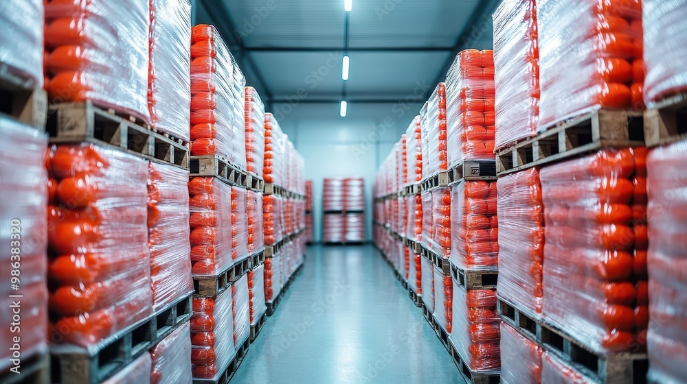 Large cold storage room in a food warehouse, neatly stacked pallets of ...