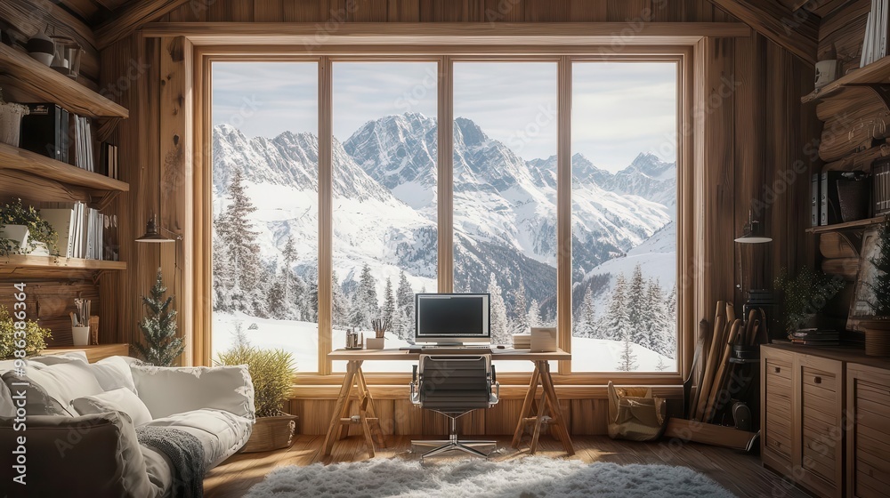 cozy mountain cabin interior with panoramic window rustic decor and a ...