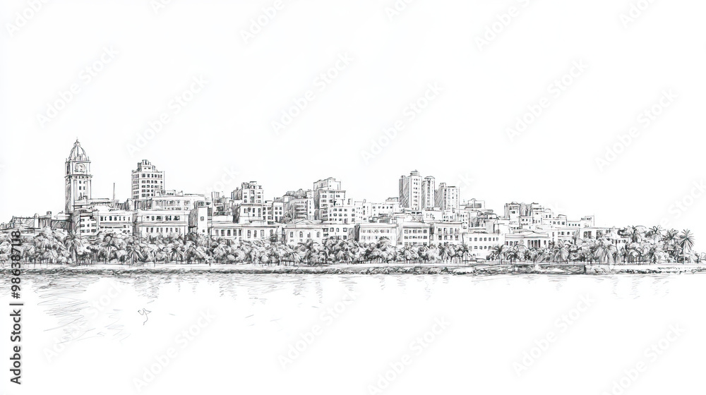 Ponce, Puerto Rico, black and white pen pencil hand-drawn effect ...
