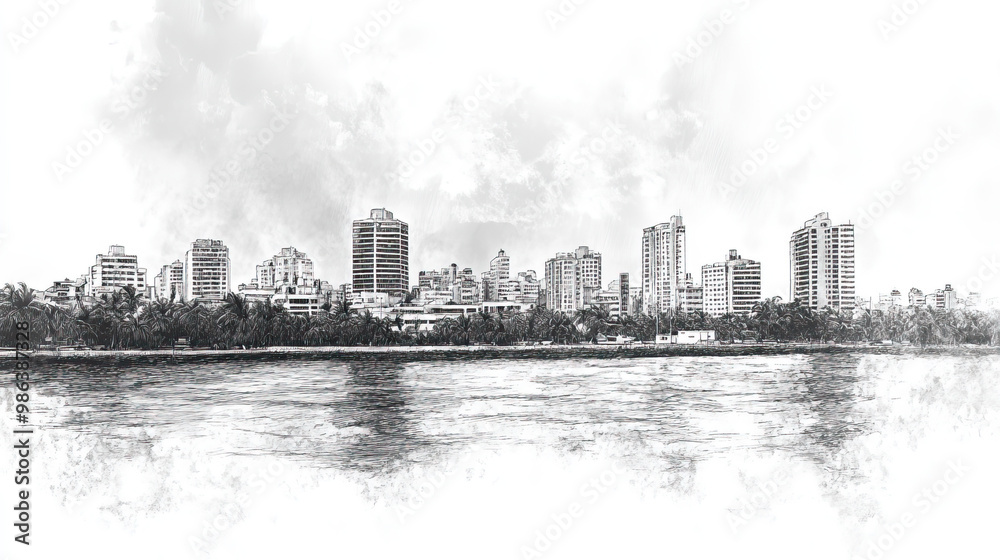 Ponce, Puerto Rico, black and white pen pencil hand-drawn effect ...