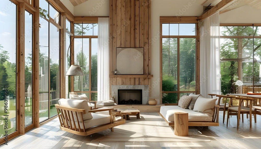 Stylish and inviting home interior featuring expansive windows, warm ...