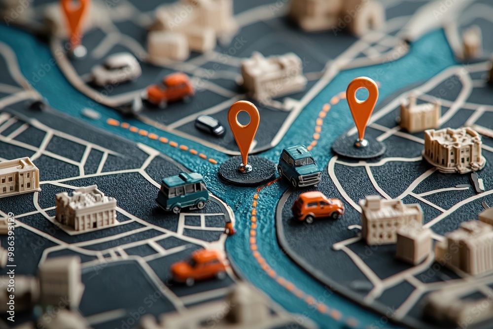 A detailed map layout with miniature cars and location markers, showing ...