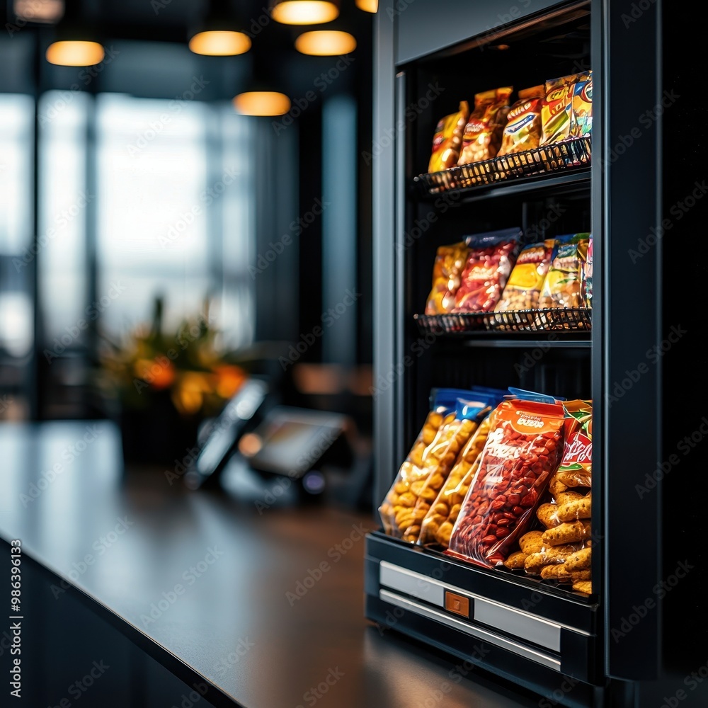 Vending machine filled with snacks in a modern office setting, bright ...