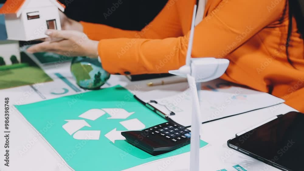Excellent business people collaborate on eco house project at office ...