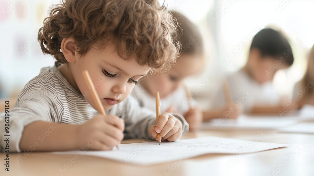 Small, cute boys and girls engaged in learning the alphabet ...
