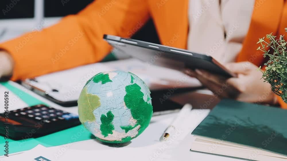 Excellent business people collaborate on eco house project at office with green energy using ...