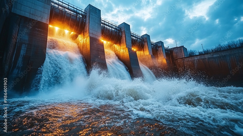 electric turbines at a hydroelectric dam turning with rushing water ...