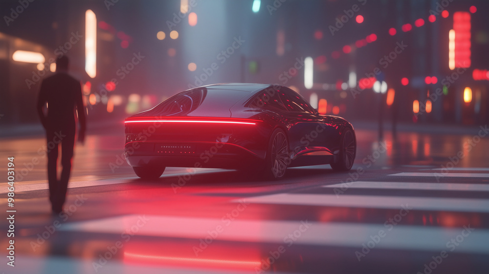 A futuristic scene depicting a self-driving 3D car concept as a person ...