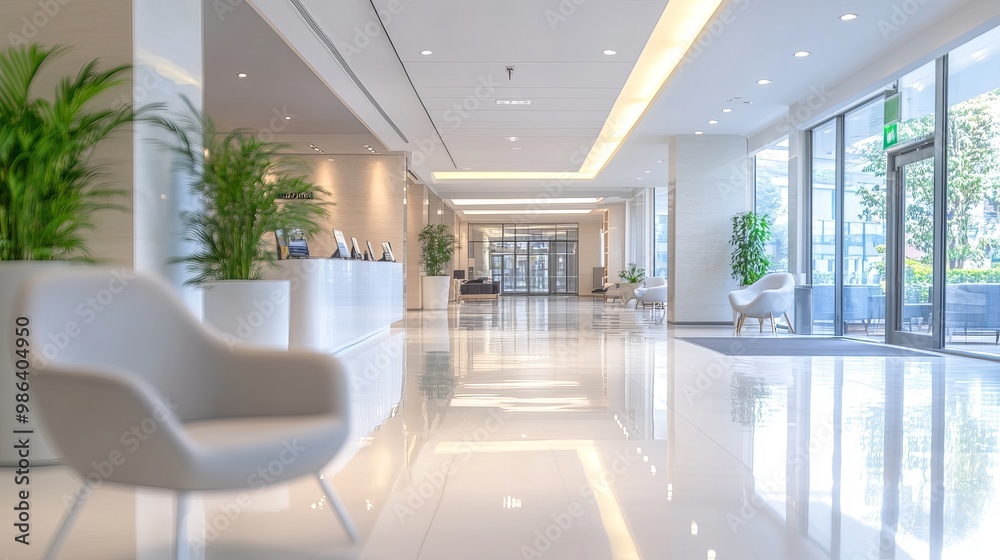 Blurred office or hotel lobby with a modern luxury white interior A 3D ...