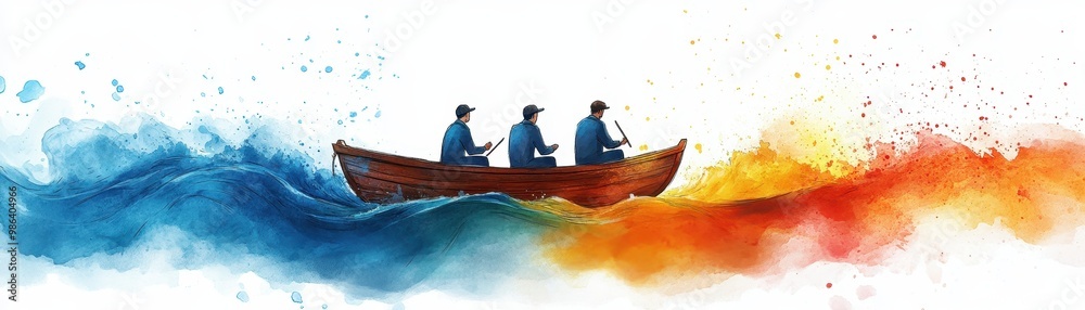 Cartoon managers guiding a boat through waves of tasks and challenges ...