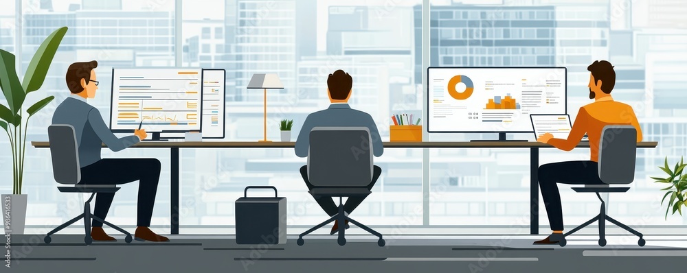 Cartoon managers reviewing performance charts and spreadsheets in an ...