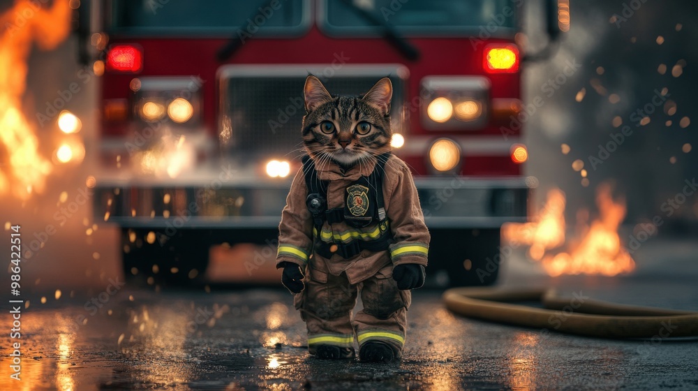 A determined cat wearing a firefighter uniform poses heroically in ...