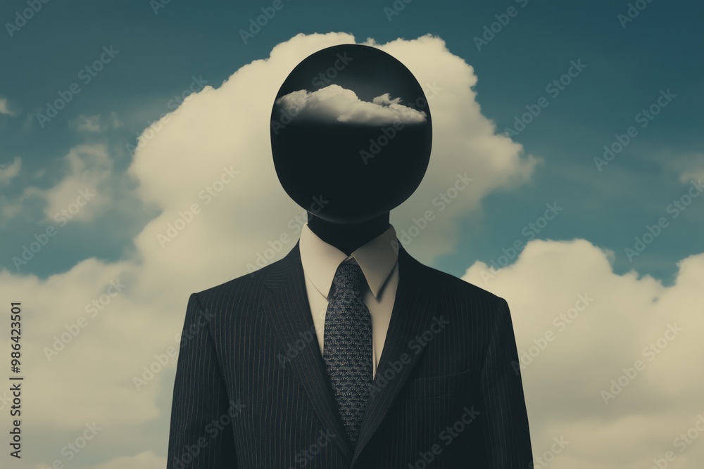 A man wearing a suit and tie stands in front of a cloudy sky. Concept ...