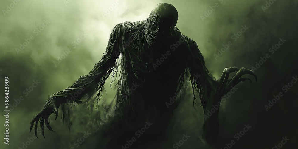 A monster with long arms and legs is shown in a dark, greenish-grey ...